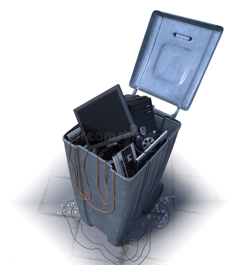 Computers in a Trash Bin on a White Background Stock Illustration ...