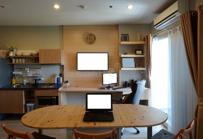 Computers and TV Blank Screen in Modern Room, Mock Up Stock Image ...