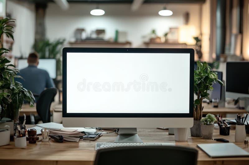 Computers with White Mockup Screen in a Classroom Setting Stock Image ...