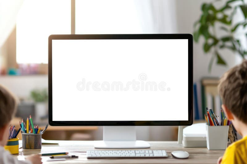 Computers with White Mockup Screen in a Classroom Setting Stock Photo ...