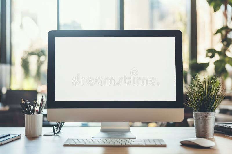 Computers with White Mockup Screen in a Classroom Setting Stock Image ...