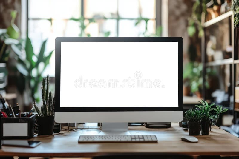 Computers with White Mockup Screen in a Classroom Setting Stock Photo ...