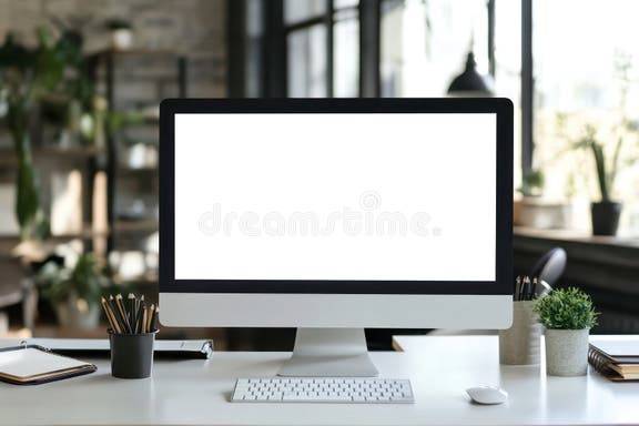 Computers with White Mockup Screen in a Classroom Setting Stock Image ...