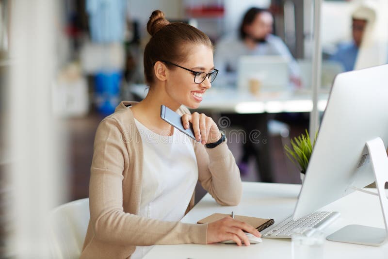 Computing in office stock photo. Image of pretty, happy - 70129488