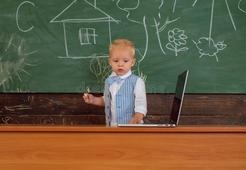 Computing Technology for School Education. Little Child Use Laptop ...