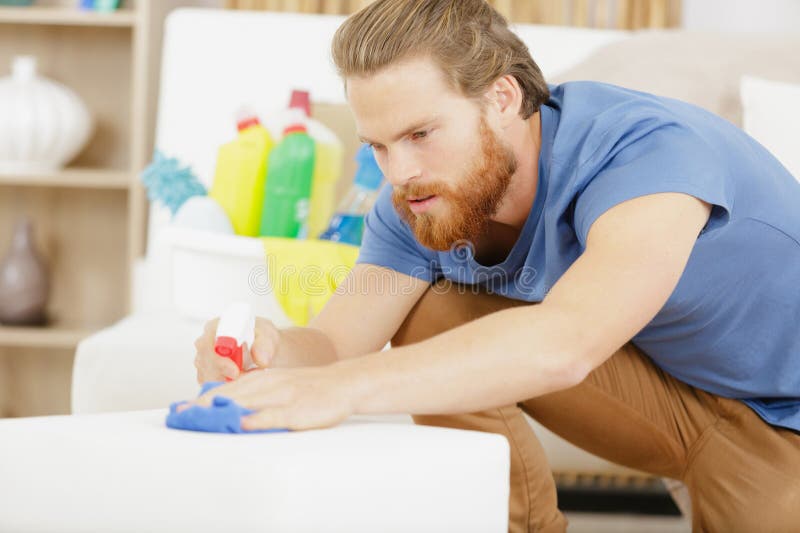 Concentrate Man Cleaning Sofa Stock Photo - Image of livingroom, soap ...