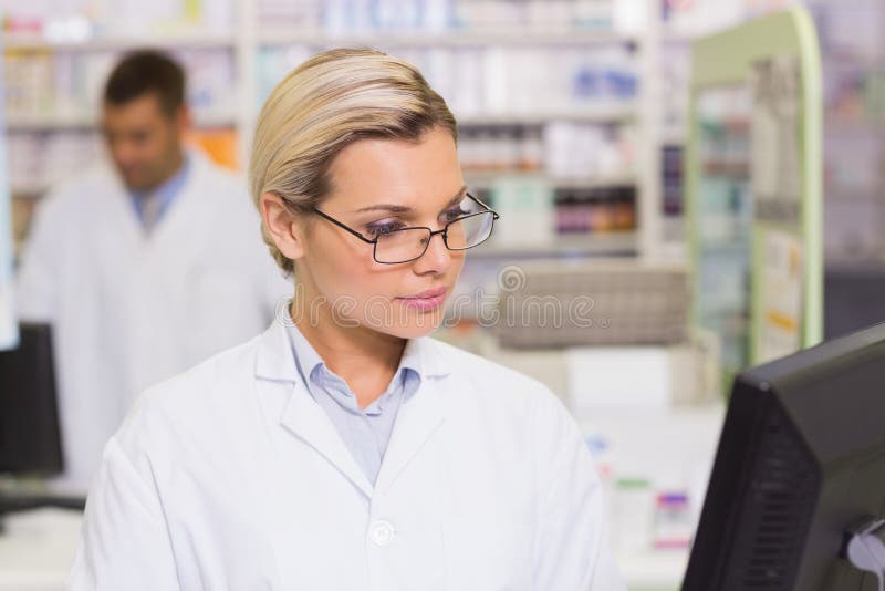 Concentrate Pharmacist Looking at Computer Stock Image - Image of ...