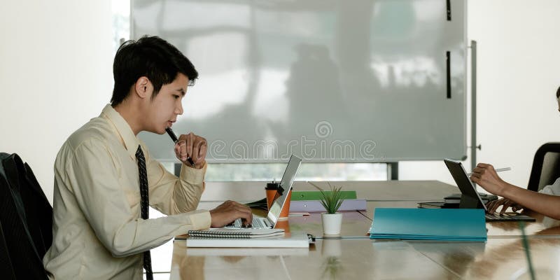 Concentrate Young Business Woman Looking Her Computer While Thinking In ...