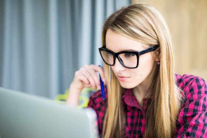 Concentrate Young Woman Looking at the Laptop Screen Stock Image ...
