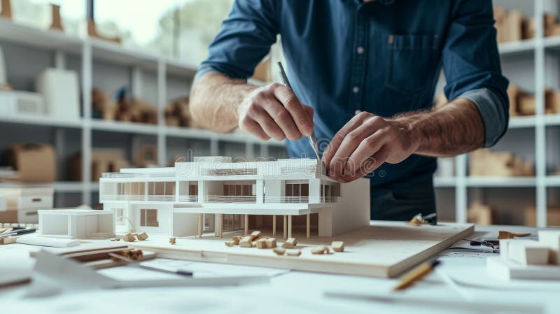 Concentrated Architect Constructing a Detailed Model House in Office ...