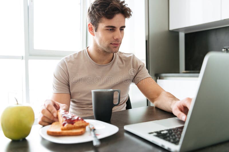 Concentrated Attractive Man Using Laptop while Eating Breakfast Stock ...
