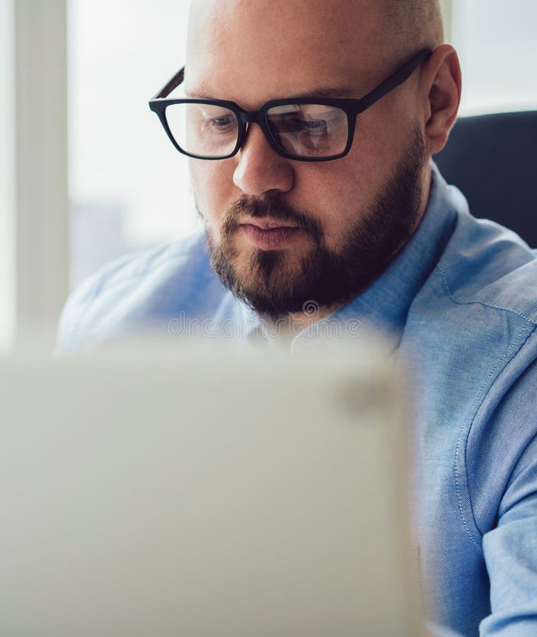 Concentrated Bearded Man Using Device Stock Image - Image of connection ...
