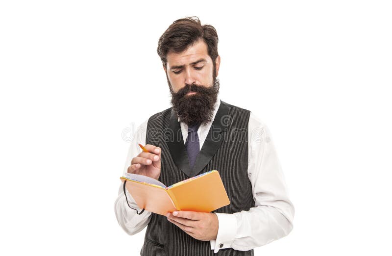 Concentrated Bearded Man Write in School Exercise Book Doing Homework ...
