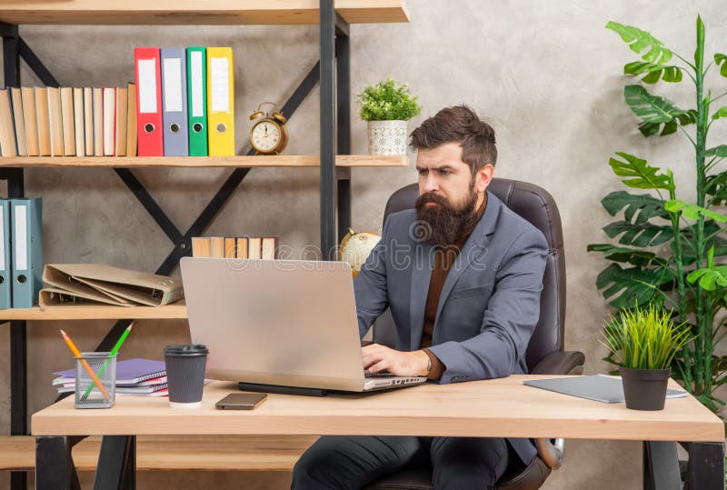 Concentrated Brutal Ceo in Businesslike Suit with Pc at the Office ...