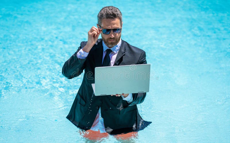 Concentrated Business Manager Work in Summer at Swimming Pool with ...