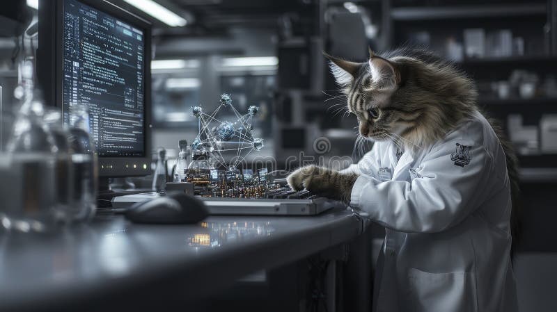 A Concentrated Cat in a Lab Coat Typing on a Keyboard in a High-tech ...