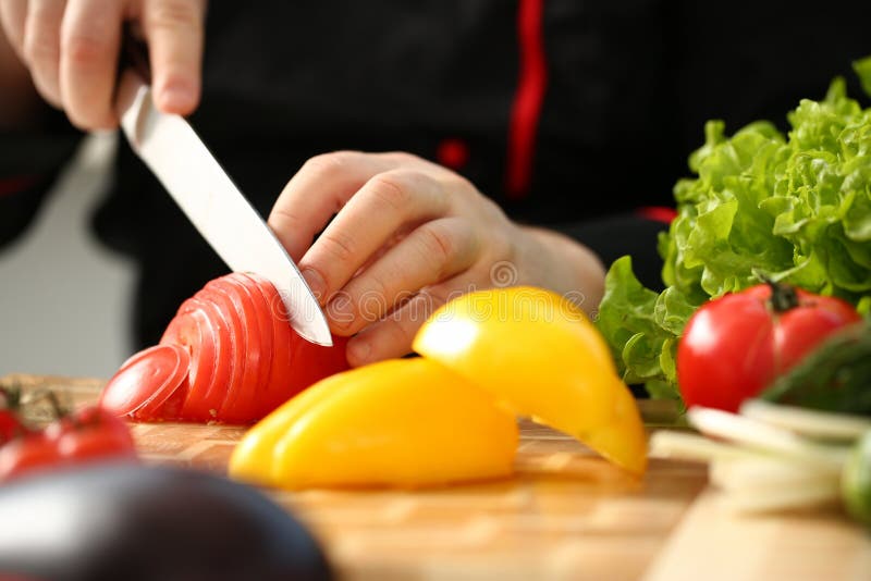 Concentrated Chef Doing Slices of Red Tomatoes Stock Image - Image of ...