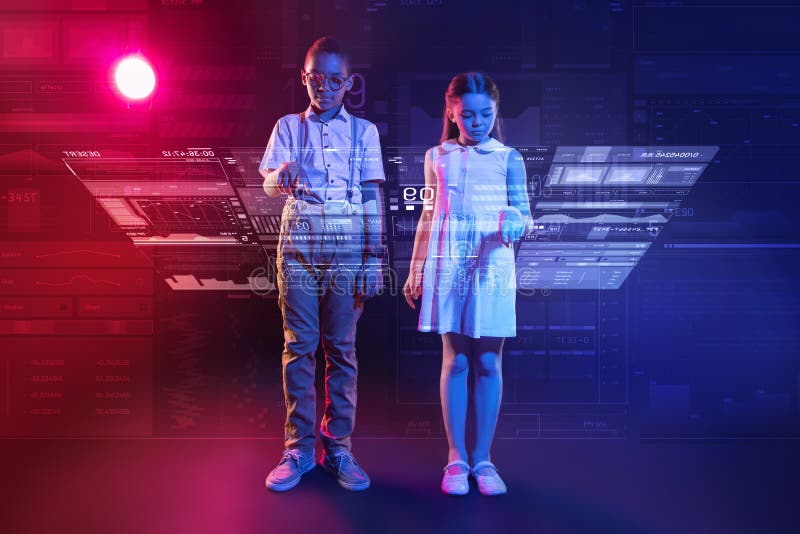 Calm Children Standing Together and Touching the Screen Stock Image ... Calm Children Standing Together and Touching the Screen Stock Image ...