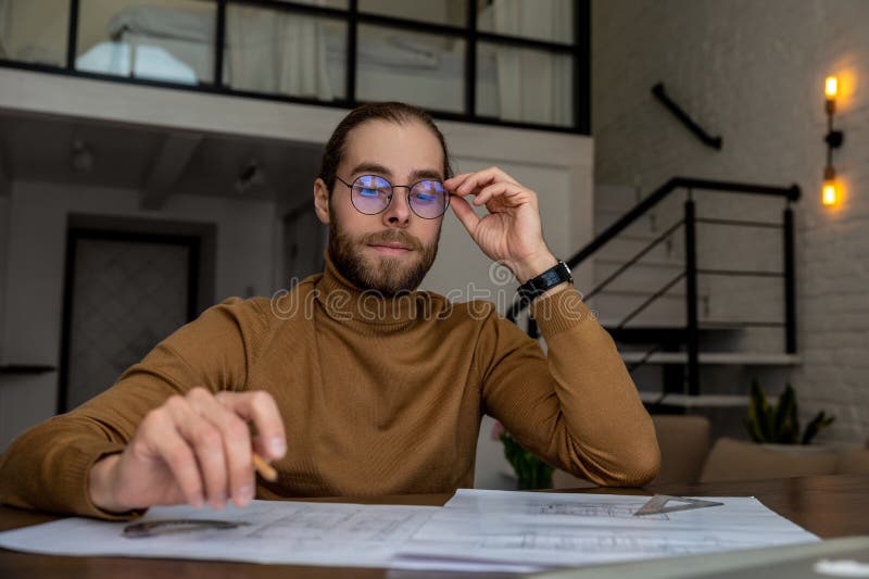 Concentrated Focused Man Planning Project Working, Drawing Sketches ...