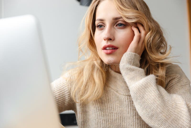 Concentrated Gorgeous Young Woman Using Laptop Computer Stock Image ...