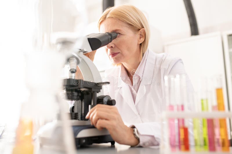 Concentrated Lady Working with Microscope Stock Photo - Image of ...