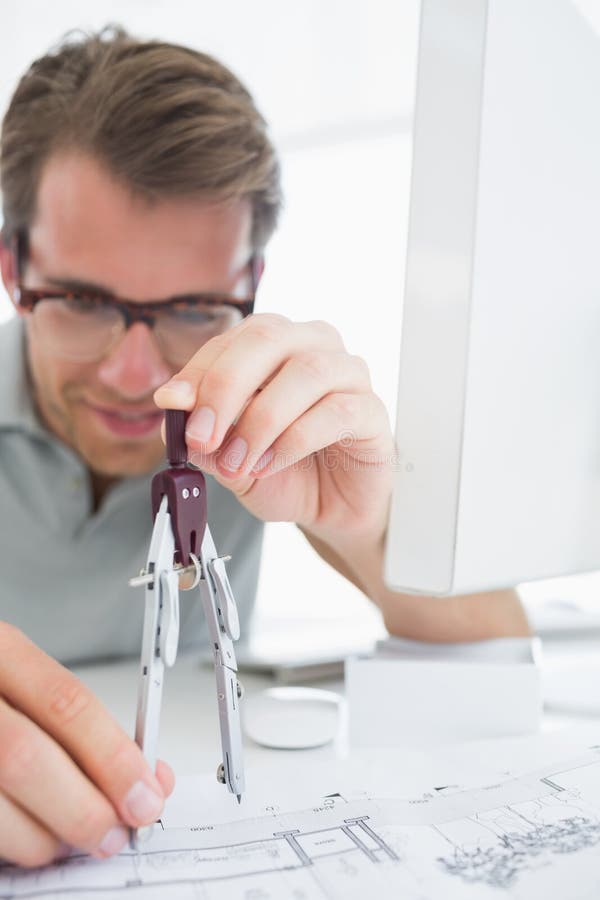 Concentrated Man Using Compass on Design Stock Photo - Image of draw ...