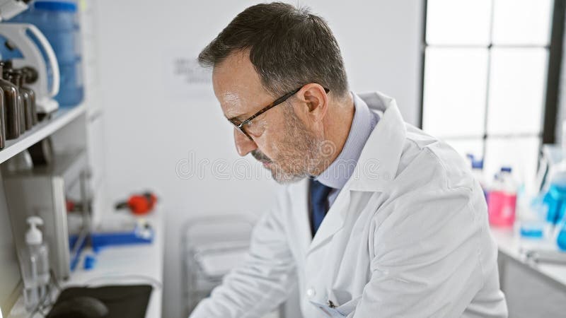 Concentrated Middle-aged Man with Grey Hair, Immersed in Groundbreaking ...