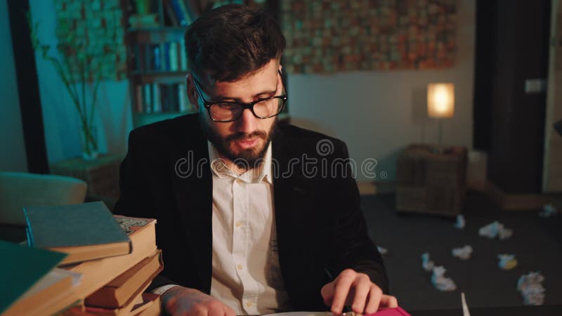 Concentrated Office Worker Typing Something on a Retro Typewriter he ...