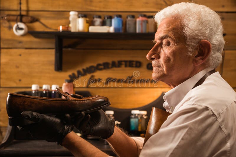 Concentrated Shoemaker in Workshop Making Shoes Stock Image - Image of ...