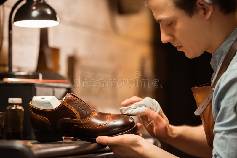 Concentrated Shoemaker in Workshop Making Shoes Stock Image - Image of ...