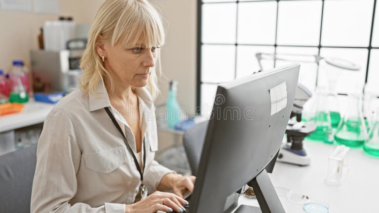 Concentrated Woman Scientist Using Computer in Modern Laboratory Stock ...