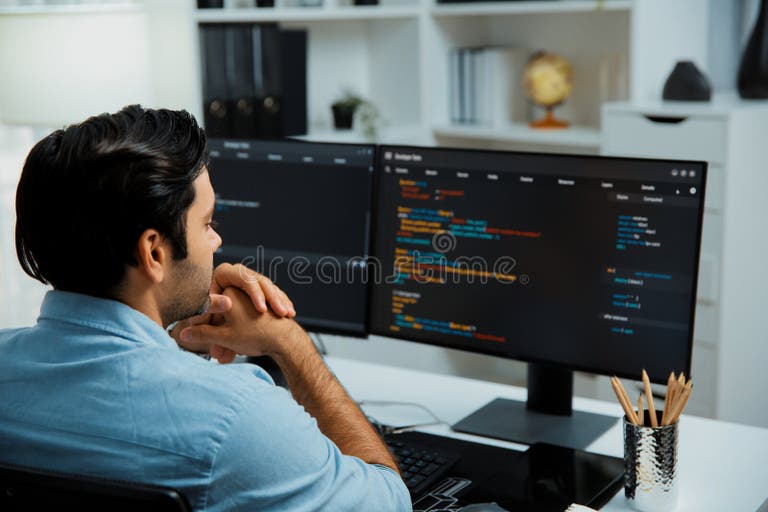 Concentrating in Smart it Developer Working Coding on Two Pc Screen ...