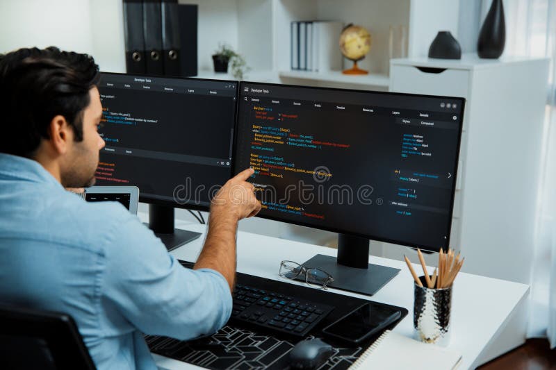 Concentrating in Smart it Developer Working Coding on Two Pc Screen ...