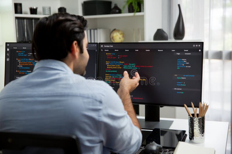 Concentrating in Smart it Developer Working Coding on Two Pc Screen. Surmise. Stock Photo ...