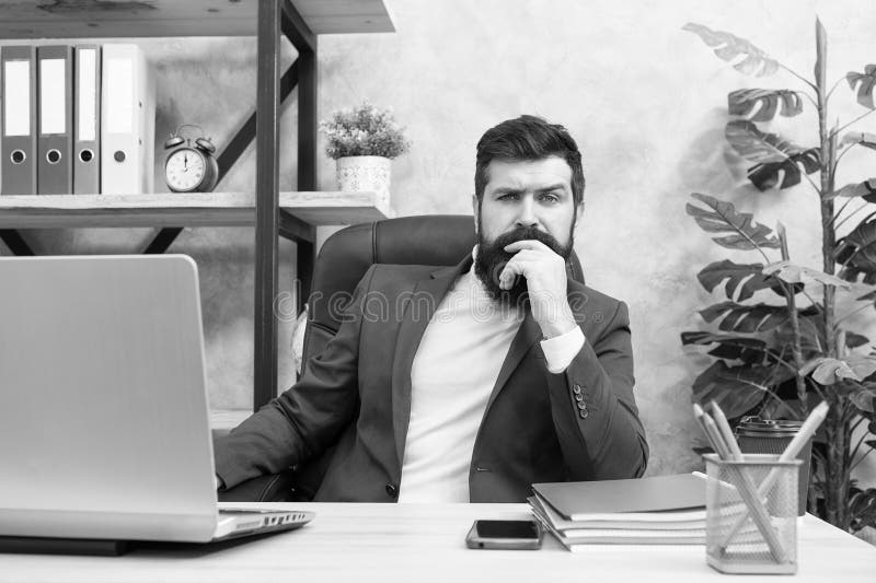 Concentration and Focus. Man Bearded Boss Sit Office with Laptop ...
