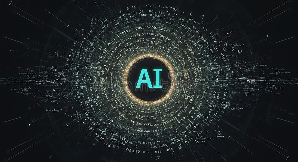 Concentric Circles of Binary Code and Technical Symbols Radiate from a ...