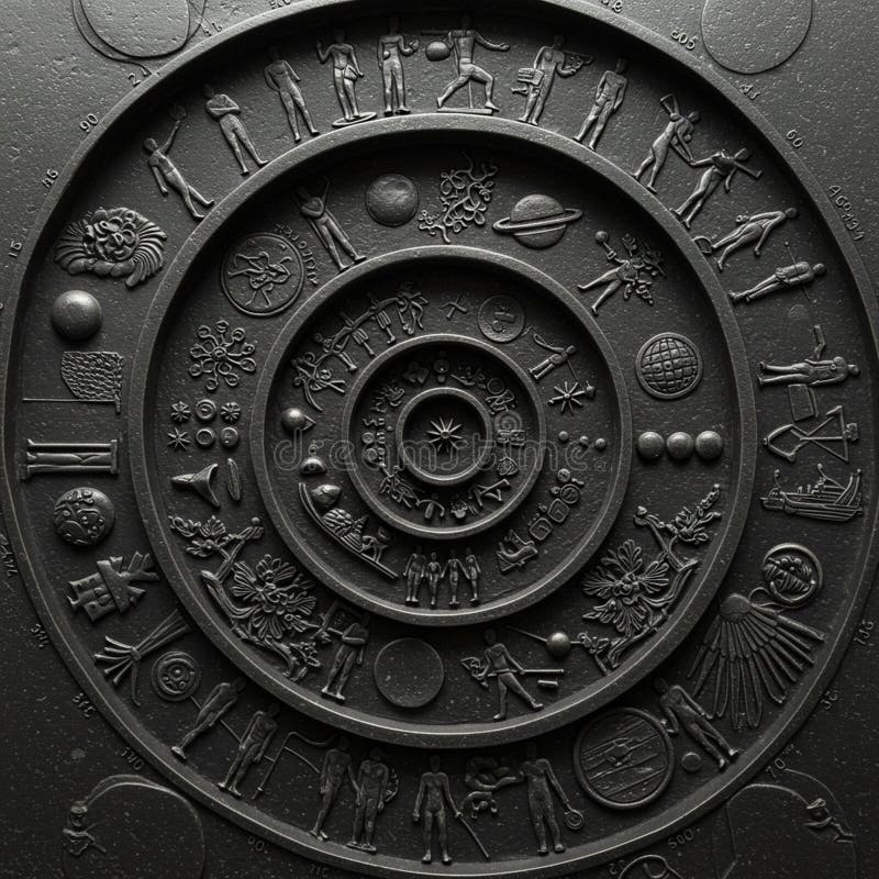 Concentric Circular Relief Featuring Various Symbols and Figures in a ...