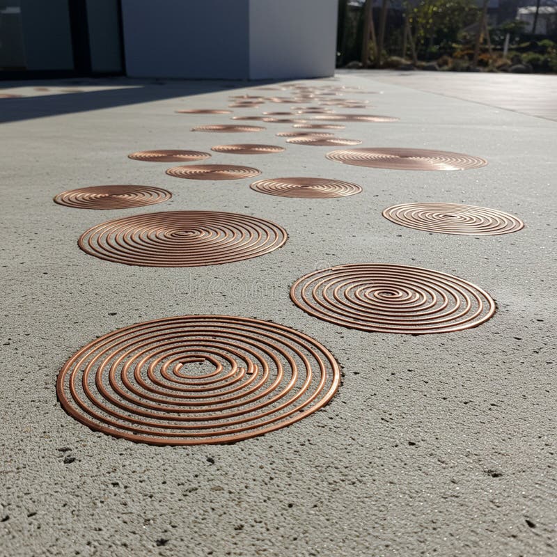 Concentric Copper Circles Embedded in a Light Gray Concrete Surface ...