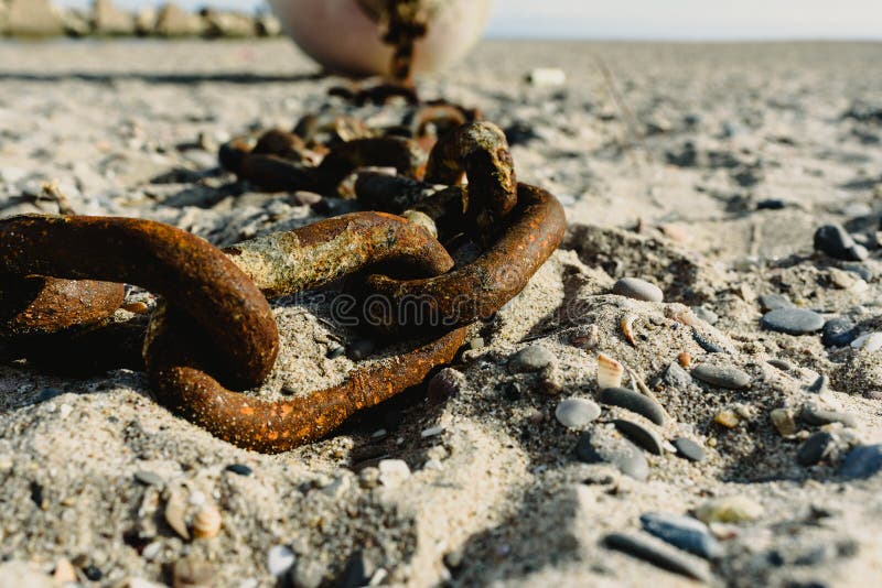 Concept of Abandonment, Old Rusty and Broken Chains Thrown in the Sand ...