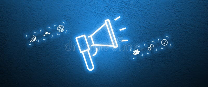 The Concept of Advertising Services. Icons on a Blue Background. Neon ...