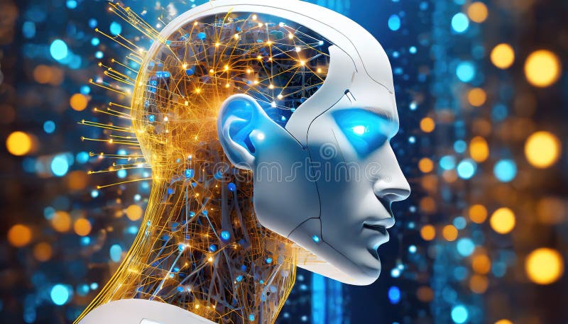 Concept of AI and Consciousness. a Humanoid Robot Head with a Glowing ...