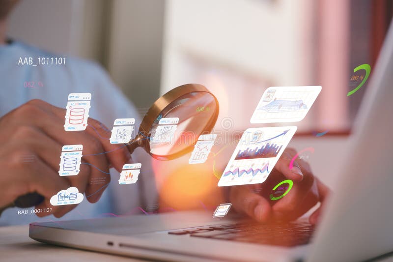 Businessman Use Computer Laptop and Holding Magnifying Glass Looking at ...
