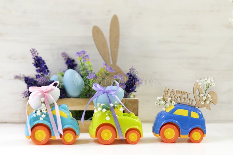 Two Easter Cars with an Egg and a Car with the Inscription Stock Photo ...