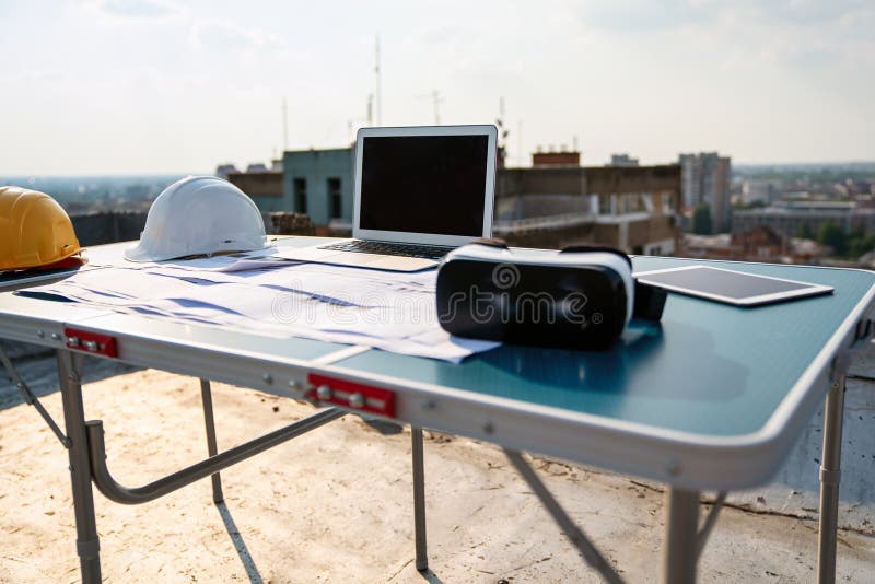 Concept of Architects, Engineer Equipment on the Desk with a Blueprint ...