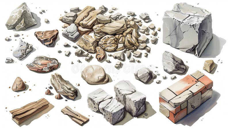 A Concept Art Depicting Various Types and Sizes of Broken Rocks, Bricks ...