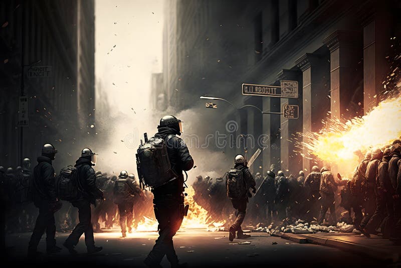 Concept Art of Riots Streets on Fire, Silhouettes of Angry People ...