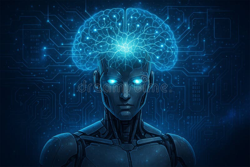 Concept of Artificial Intelligence with Glowing Digital Brain and Robot Stock Photo - Image of ...