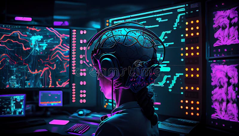 Concept of Artificial Intelligence. Human Brain Connected To Electronic ...