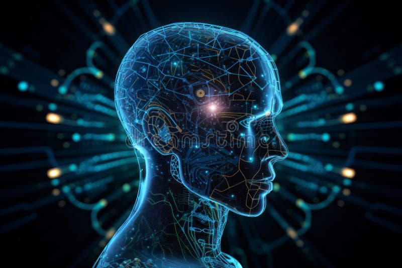 Concept of Artificial Intelligence. Human Face in Blue Colors. Stock ...