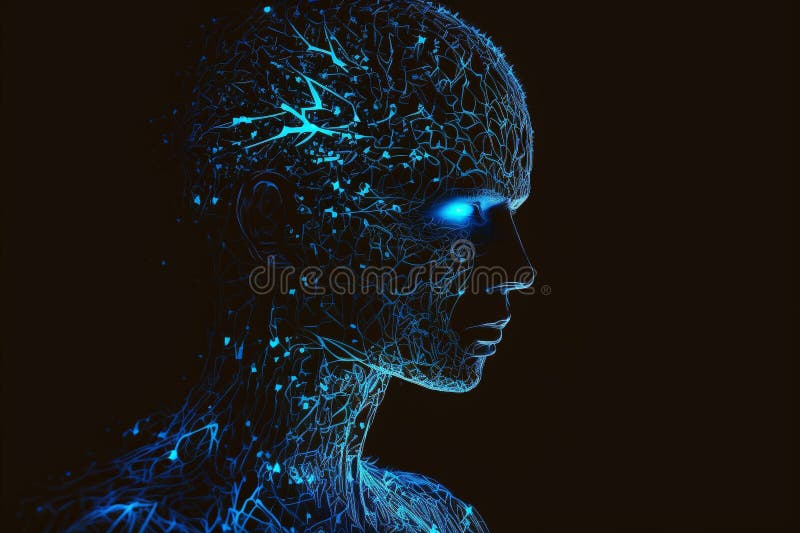 Concept of Artificial Intelligence. Human Face in Blue Colors ...
